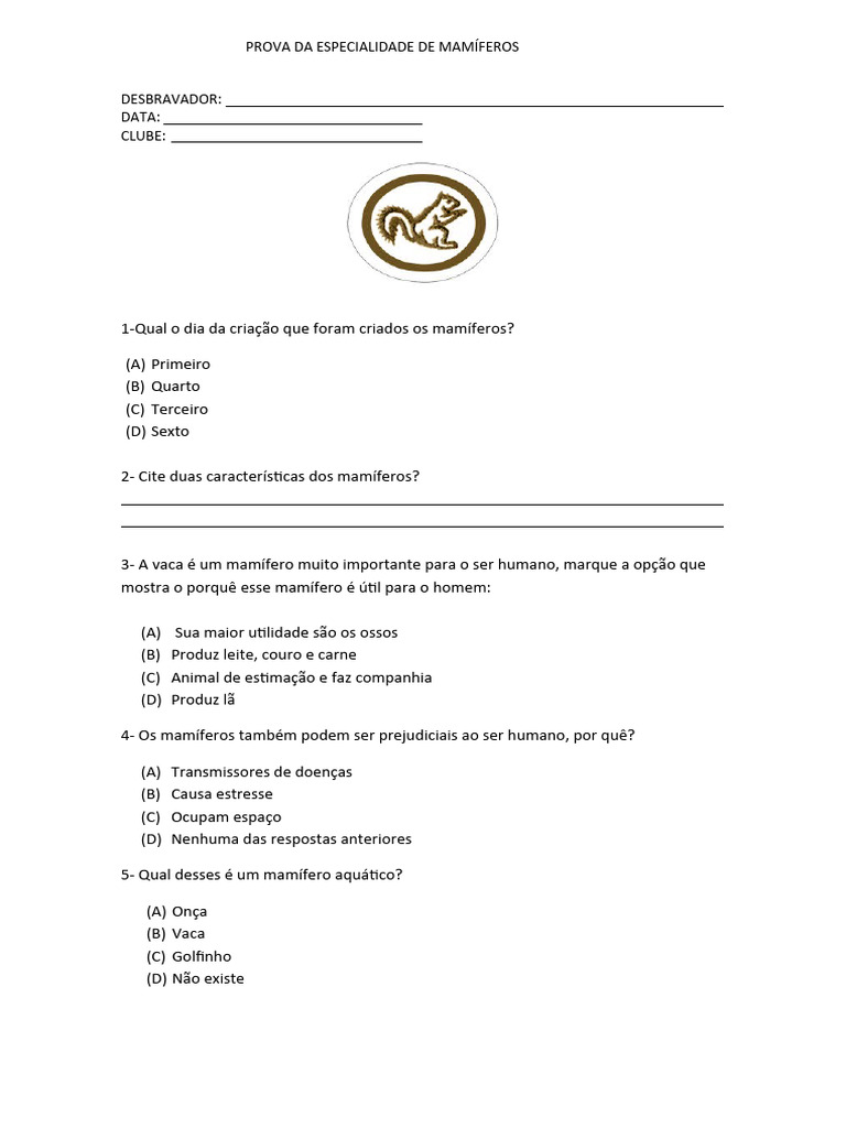 PROVA DE ESPECIALIDADE DE MAMÍFEROS | PDF