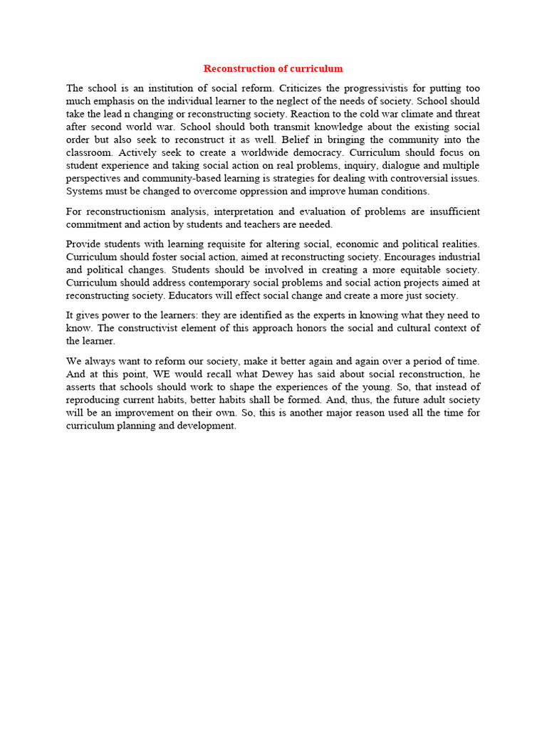 Social Reconstruction in Curriculum Design | PDF | Career & Growth