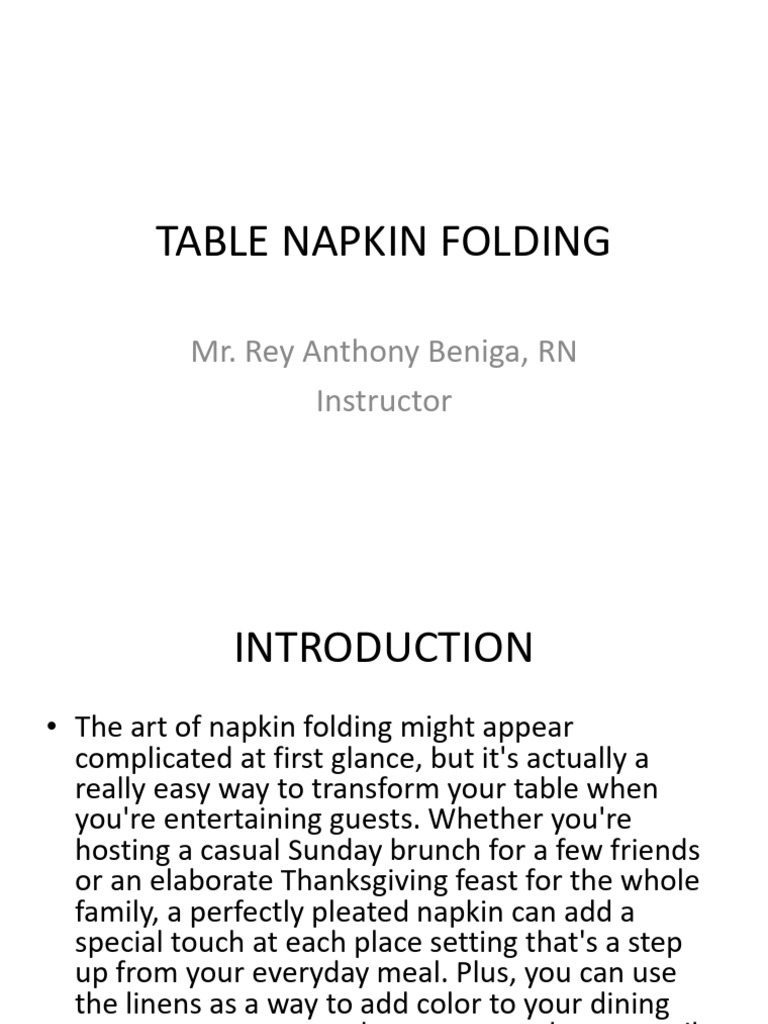 Lecture 5 Table Napkin Folding | PDF | Cooking, Food & Wine | Home & Garden