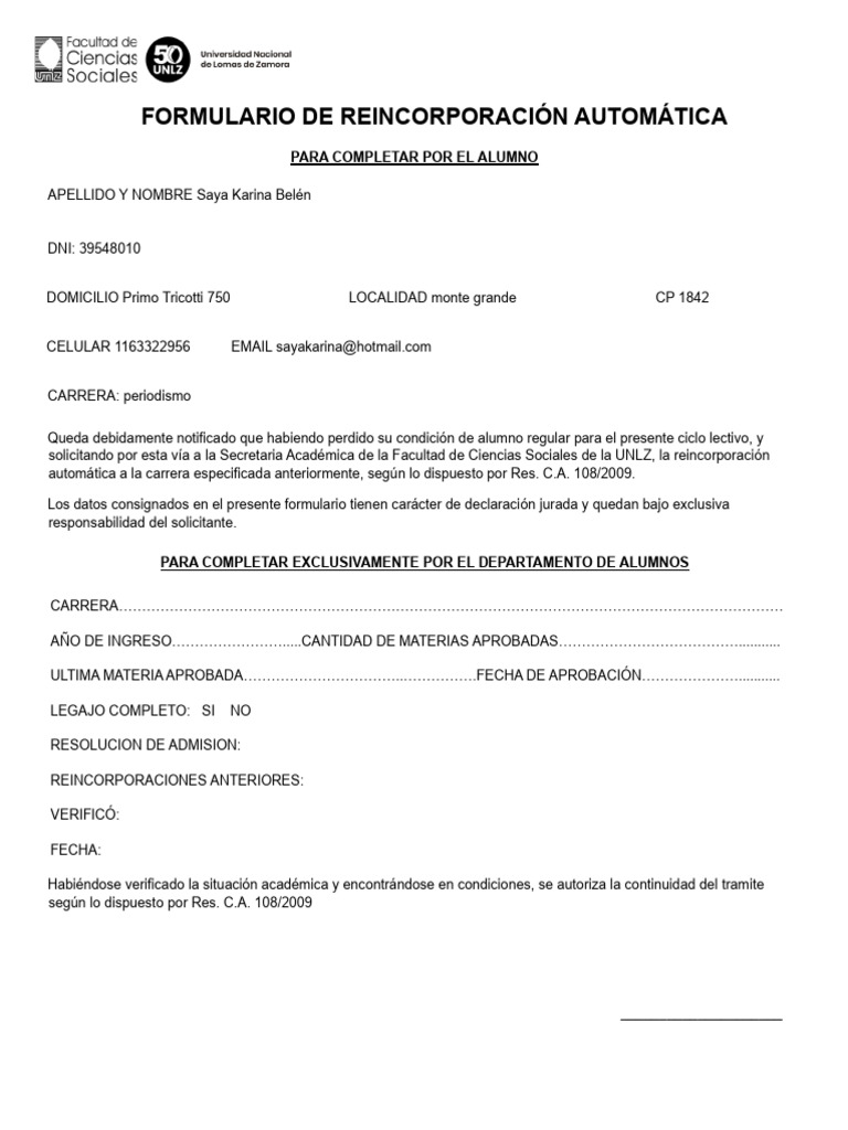 Formulario - Reincorporacion Automatica-1 | PDF