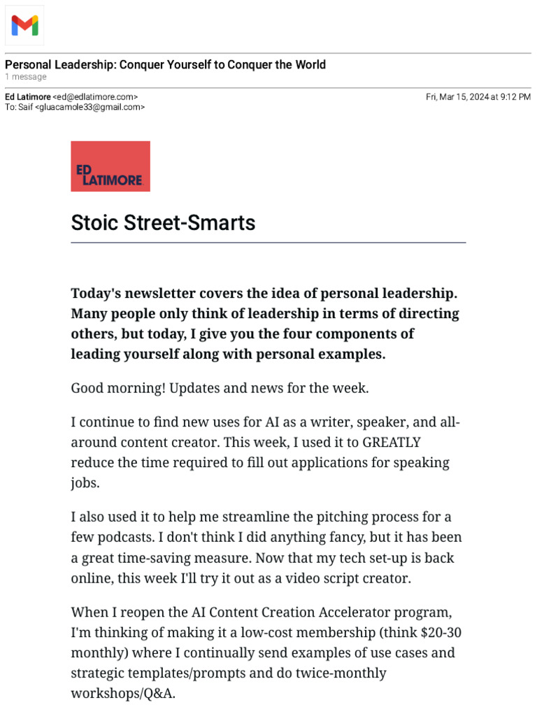 Gmail - Personal Leadership - Conquer Yourself To Conquer The World | PDF | Leadership