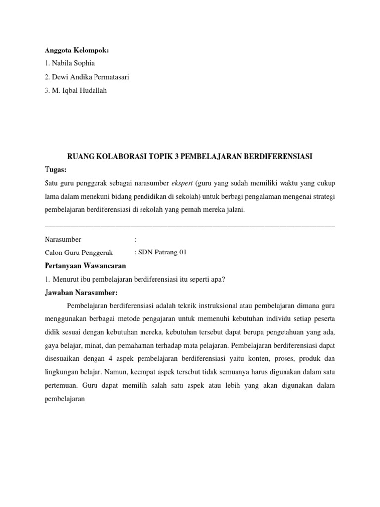 Ruang Kolaborasi_Topik 3_Pembelajaran Berdiferensiasi | PDF