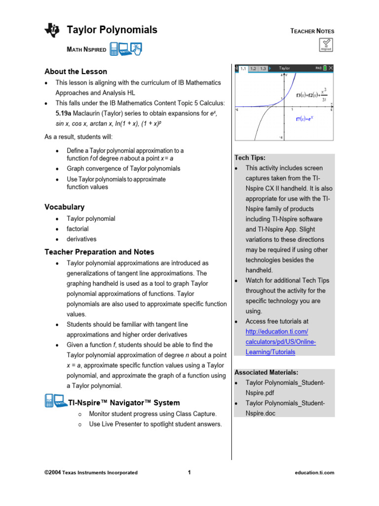Taylor Polynomials - Nspire - Teacher | PDF | Polynomial | Function ...