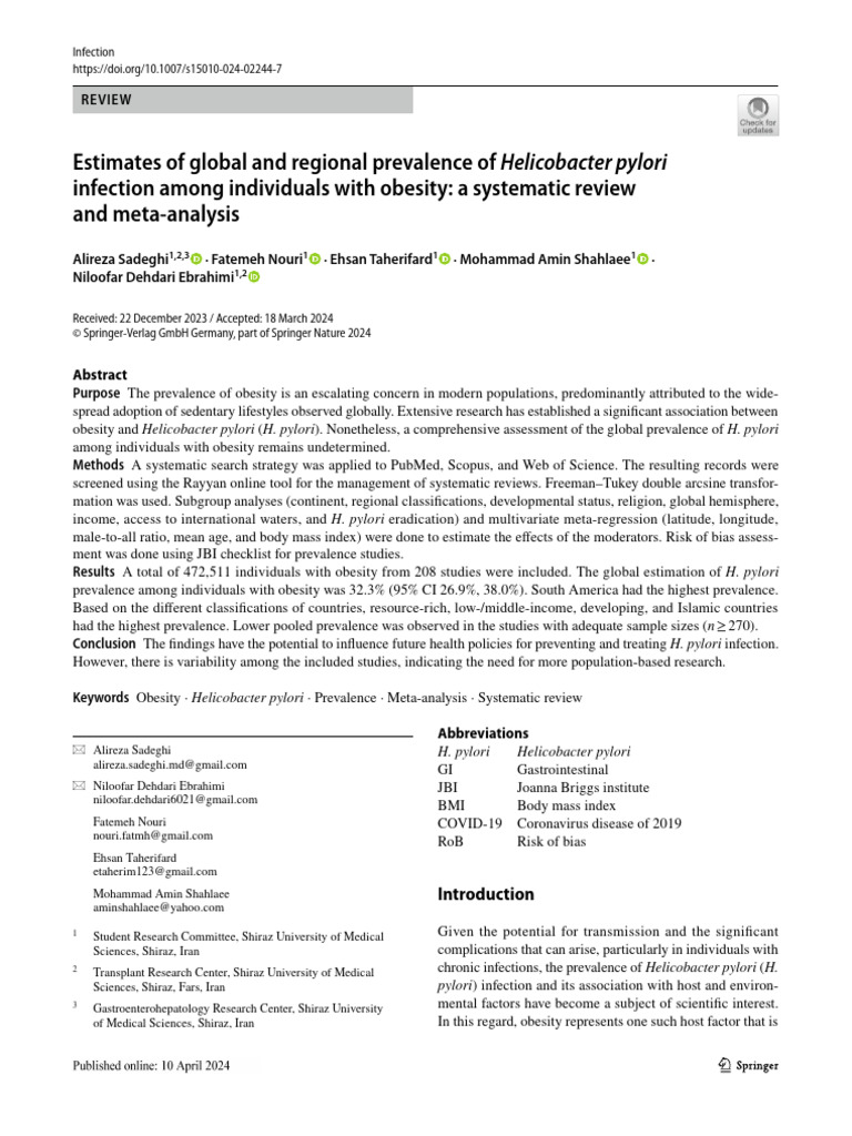 Estimates of Global and Regional Prevalence of Helicobacter Pylori ...