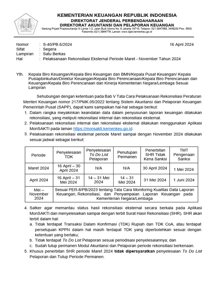Pelaksanaan Rekonsiliasi Eksternal Periode Maret - November Tahun 2024 | PDF | Pengelolaan ...