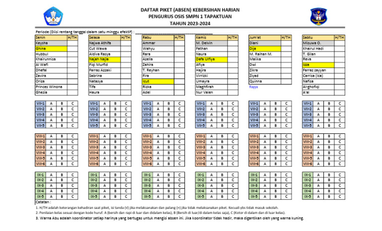 Absen Piket Kebersihan OSIS 2023.2024 | PDF