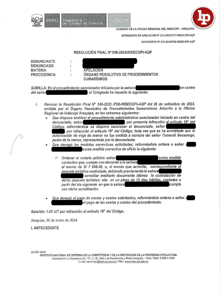 Resolucion Final 006 2024 Indecopi AQP LPDerecho | PDF