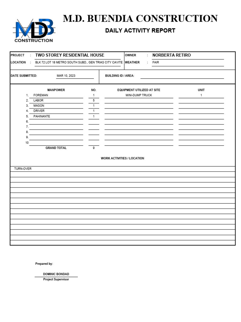 MDB-Daily Activity Report | PDF | Building | Civil Engineering