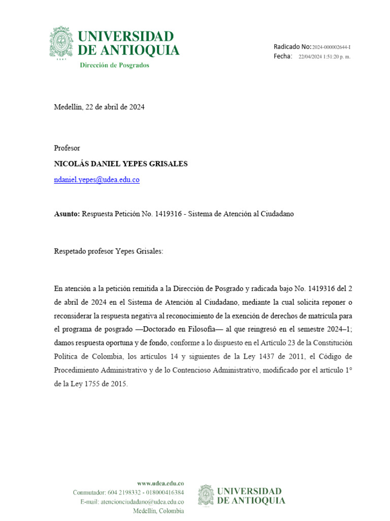 Repsta Derecho Petición - Nicolás Yepes Grisales | PDF | Finanzas y ...