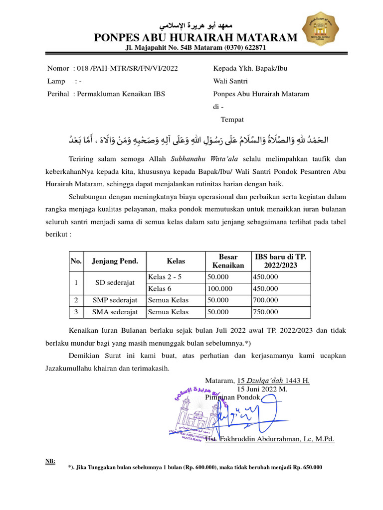 018 Surat Permakluman Kenaikan IBS TP. 2022 - 2023 | PDF