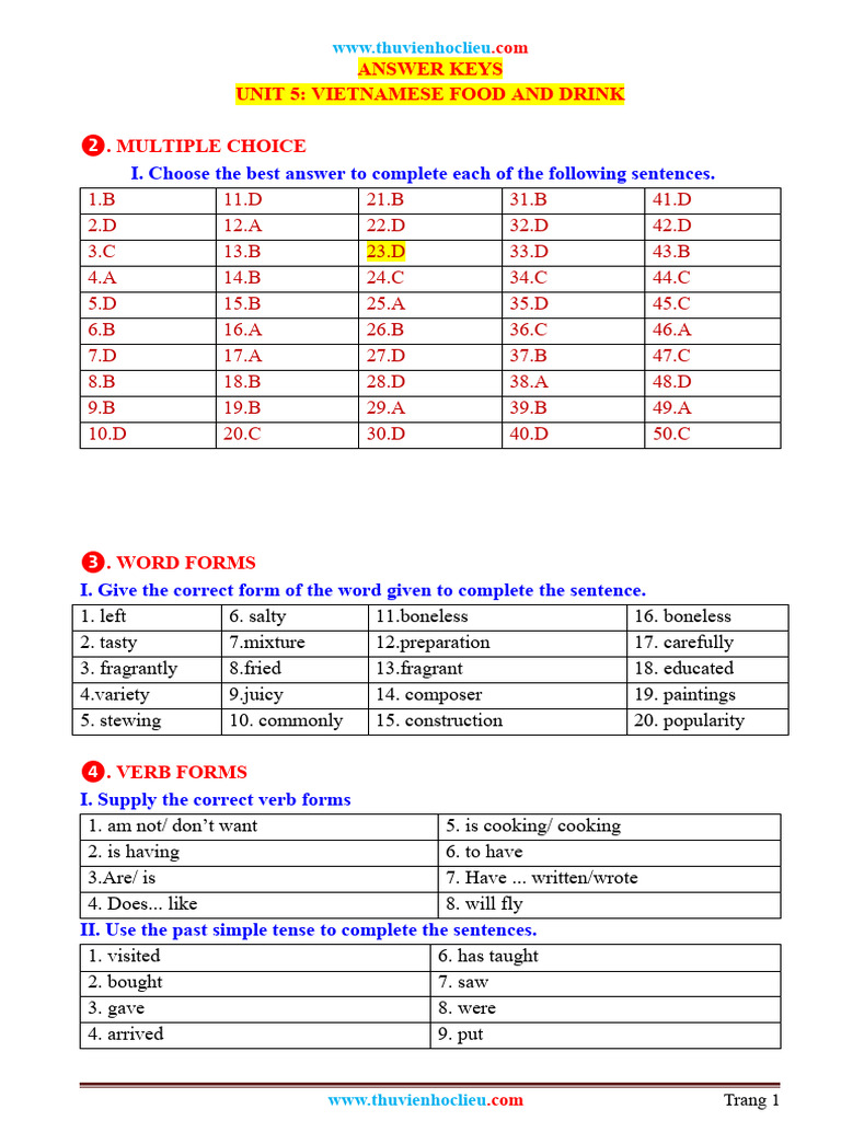 Unit 5 - Answer Keys | PDF | Meal | Lunch
