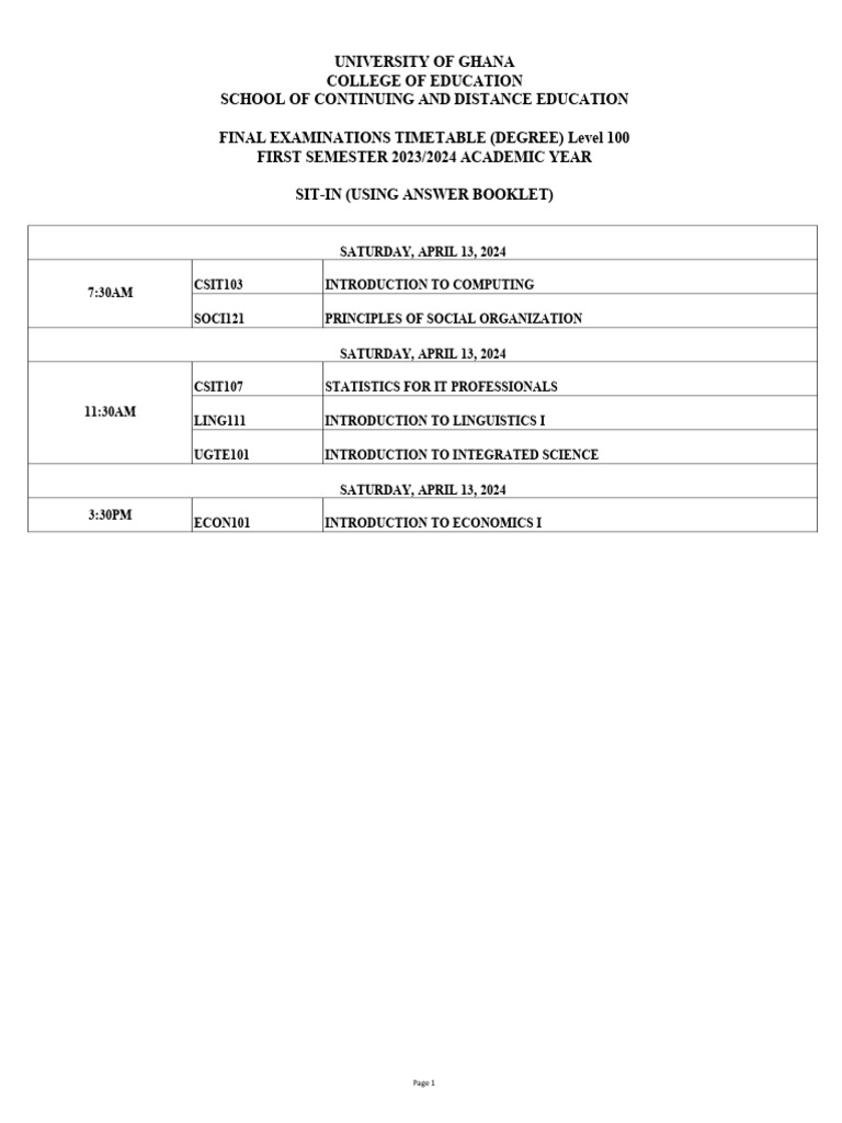 UG Level 100 Exam Timetable 2023/2024 | PDF | Distance Education ...