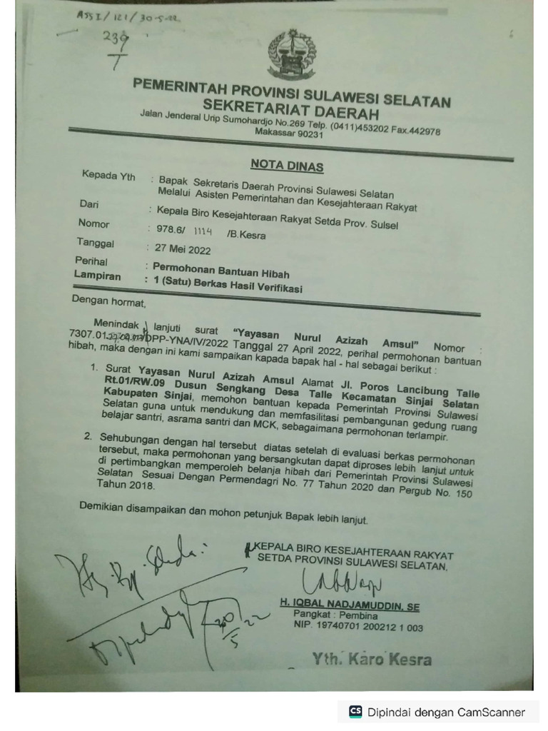 Nota Dinas Permohonan Bantuan Hibah | PDF