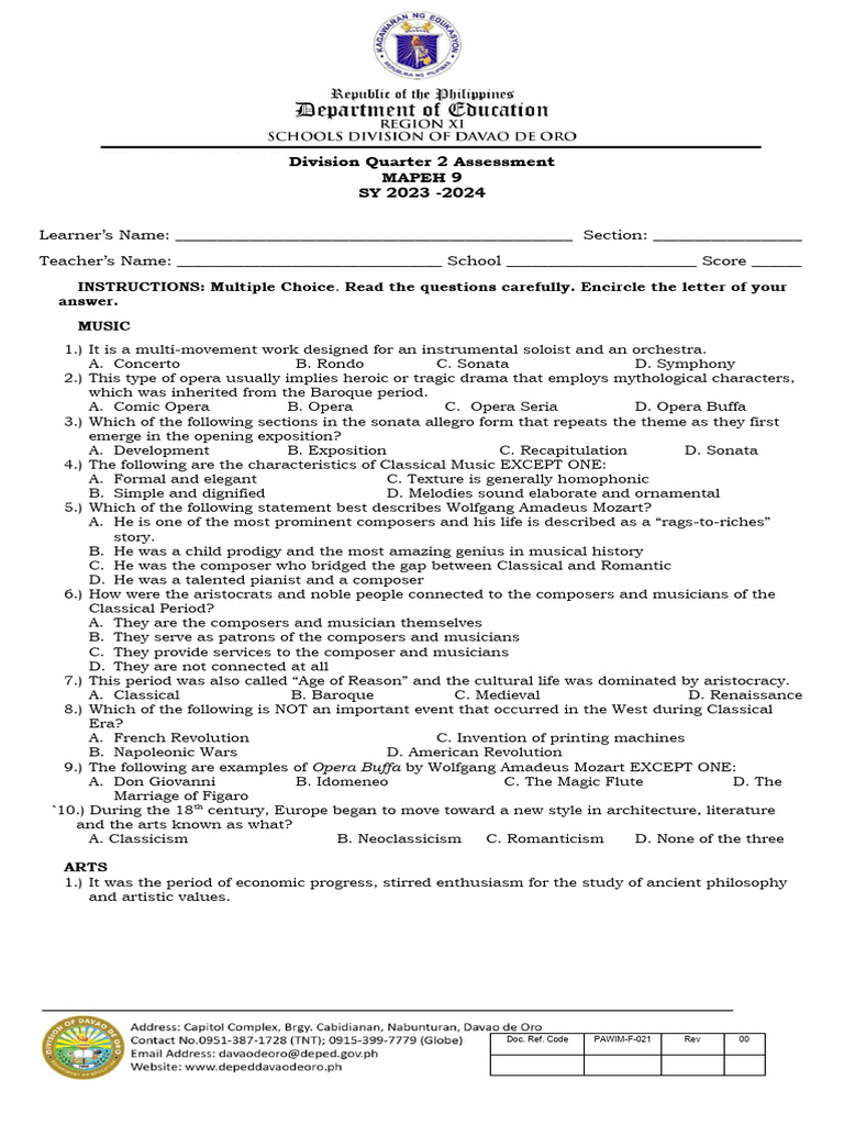 Mapeh 9 | PDF | Substance Abuse | Classical Period (Music)