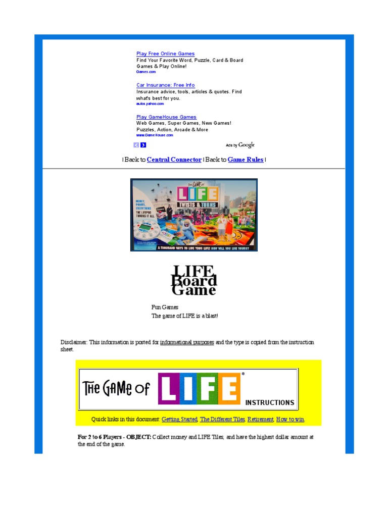 Life Board Game Rules - The Game of Life | PDF | Insurance | Stocks