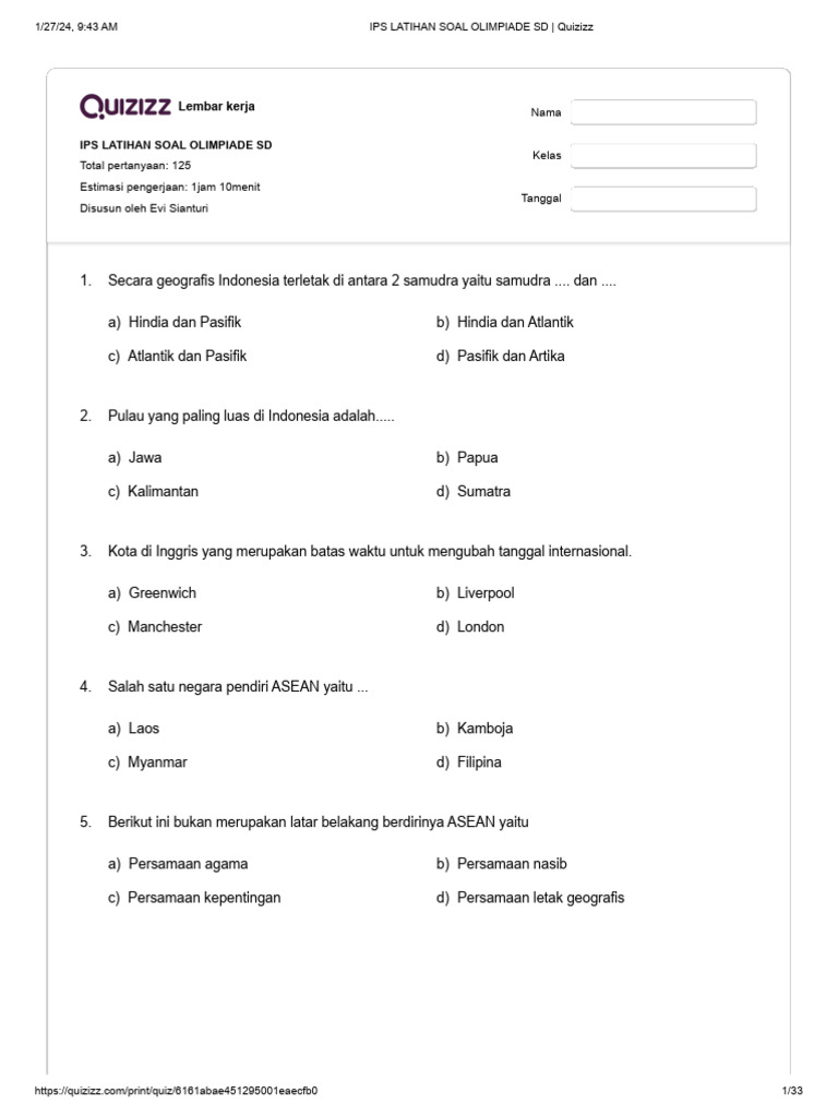 IPS LATIHAN SOAL OLIMPIADE SD - Kunci | PDF