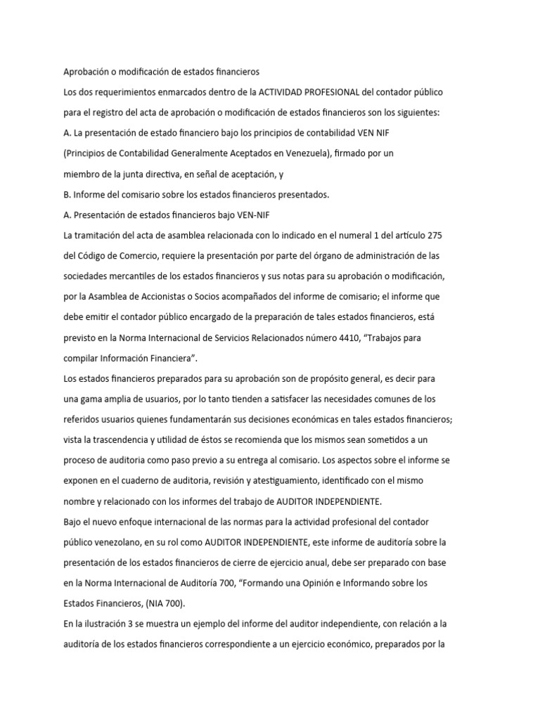 Modelo Aprobación o Modificación de EEFF | PDF | Auditoría | Estado financiero