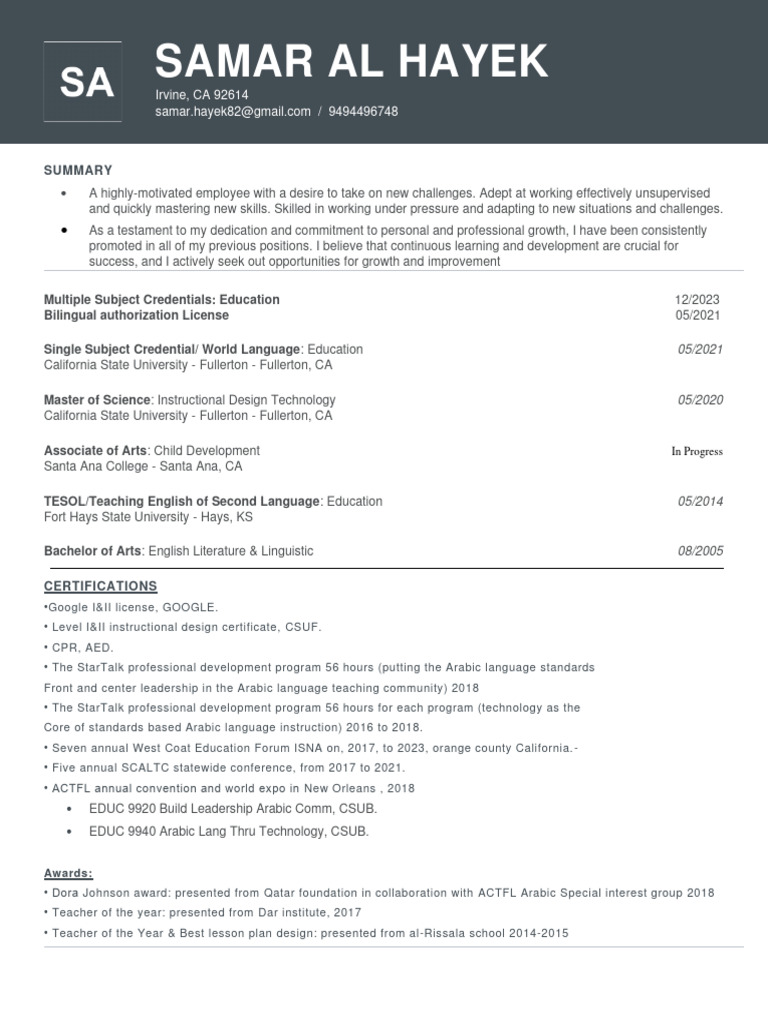 samar alhayek resume usd | PDF | Differentiated Instruction | Teachers