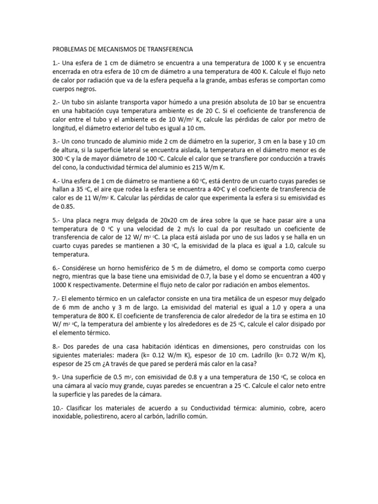 Problemas de Mecanismos de Transferencia | Descargar gratis PDF | Transferencia de calor ...