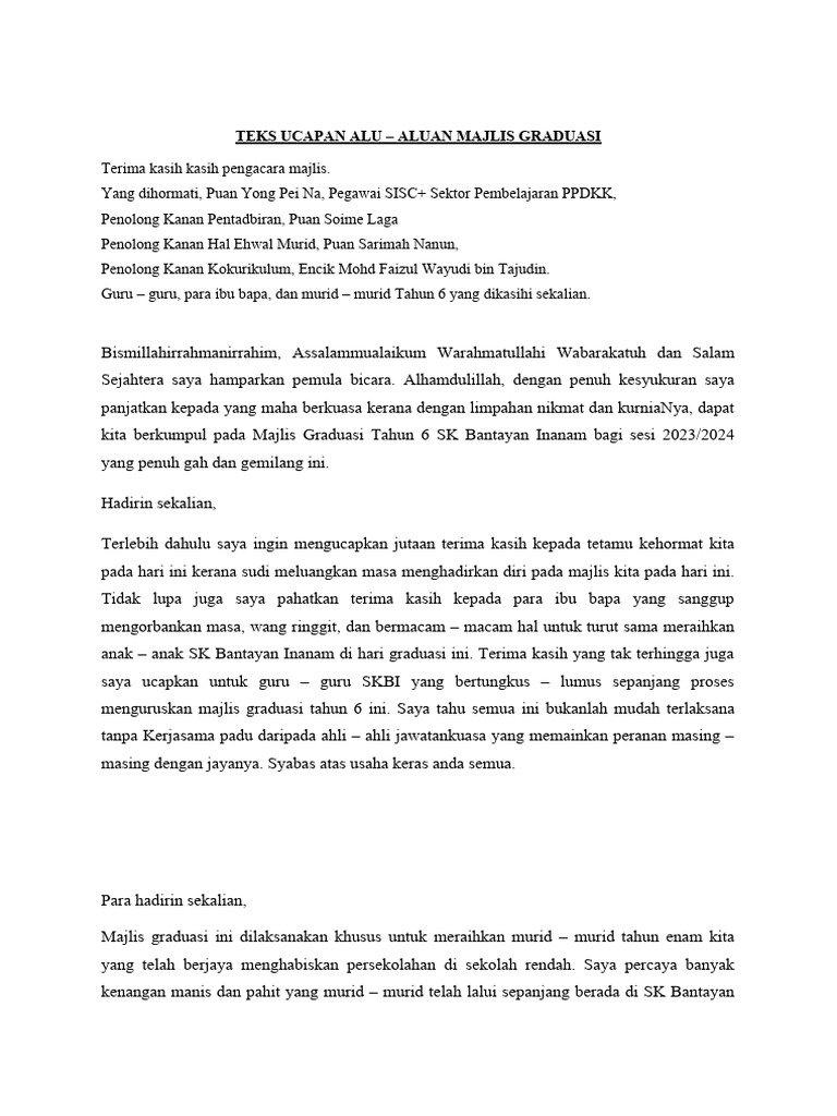 Ucapan Alu-Aluan Majlis Graduasi 2023 | PDF | Karier & Perkembangan ...
