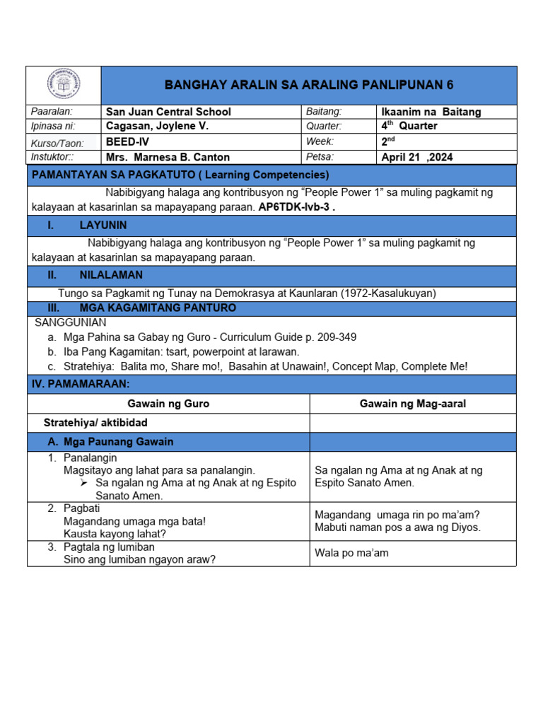 Banghay Aralin Sa Araling Panlipunan 6 | PDF