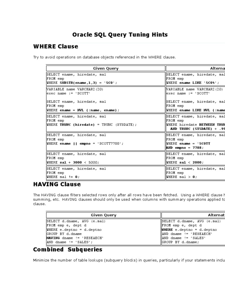 Oracle Sql Query Tuning Hints Pdf Database Index Computer Programming 2941