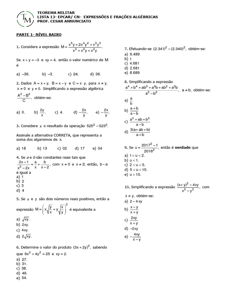 Exercícios de Frações e Expressões Algébricas | PDF | Matemática | Álgebra