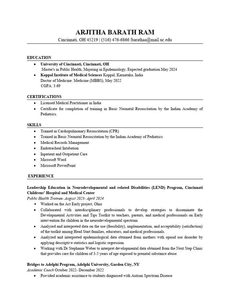 Barathram Arjitha Resume - MPH Job | PDF | Medicine | Hospital
