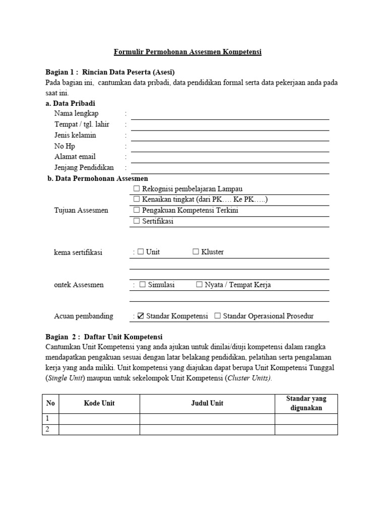 Formulir Permohonan Assesmen Kompetensi | PDF