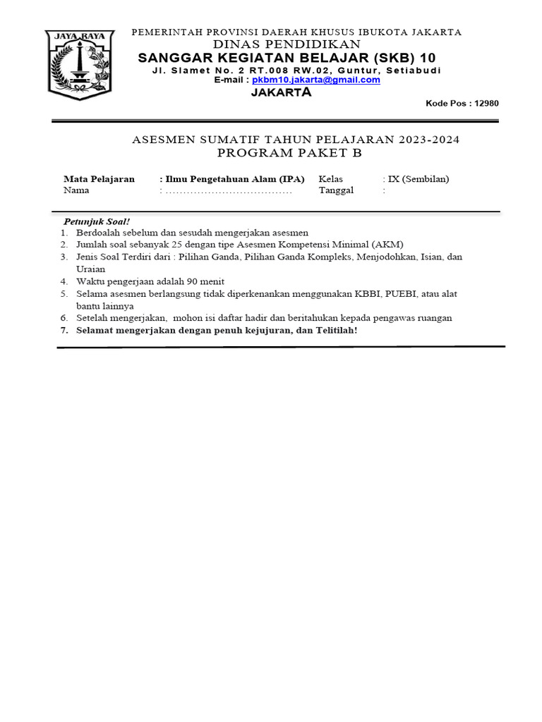 Kop Soal Asesmen Sumatif PB TH 2024 | PDF