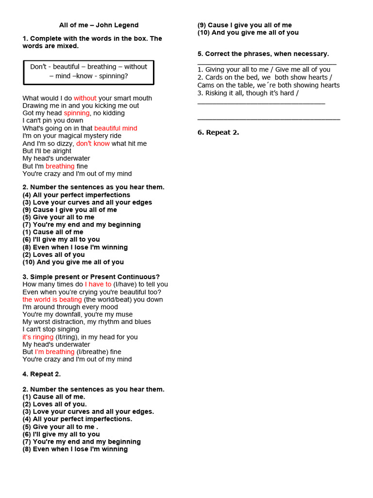 "All of Me Lyrics and Exercises" | PDF | Language Arts & Discipline ...