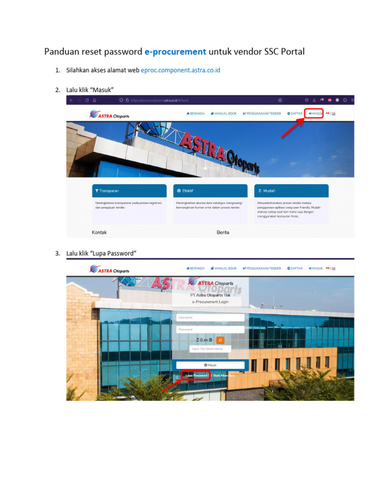 Panduan Reset Password Eproc SSC Portal Astra | PDF