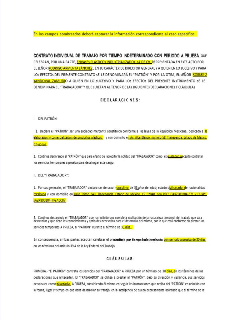 PDF Contrato Individual de Trabajo Por Tiempo Indeterminado Con Periodo A Prueba | Descargar ...