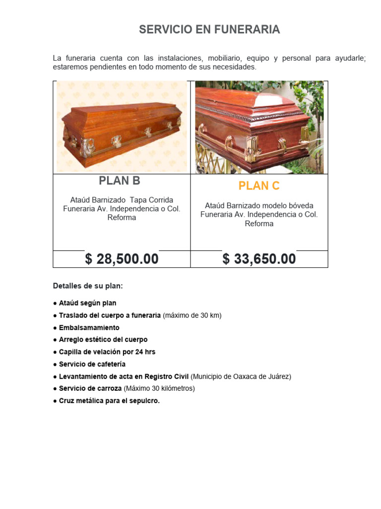 Servicio en Funeraria Plan B y C Funeraria Inhumacion | PDF | Casa ...