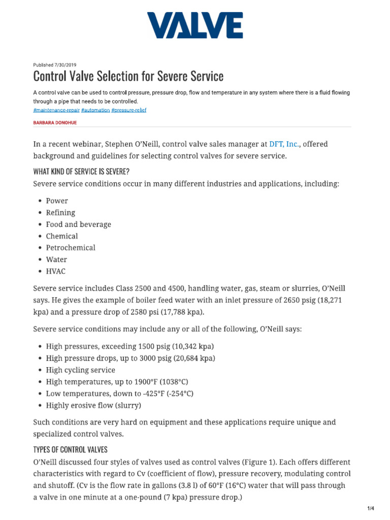 Control Valve Selection For Severe Service | PDF