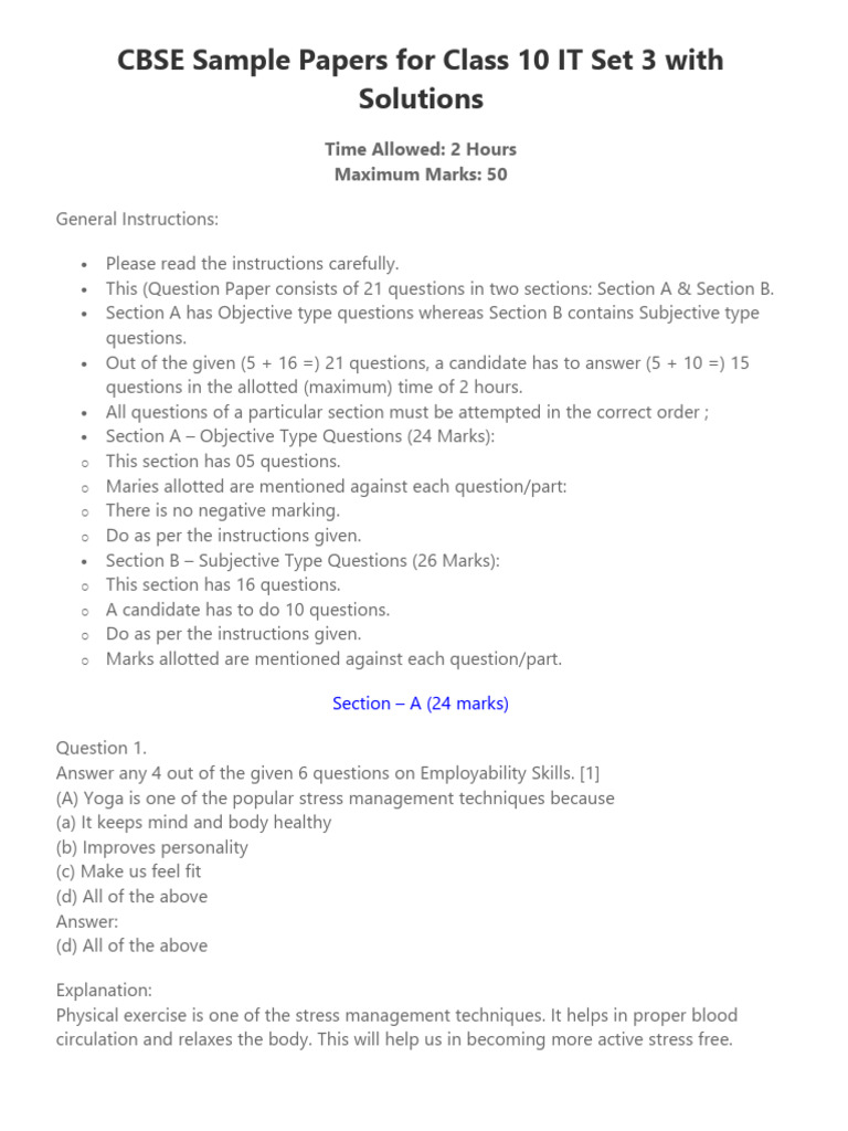 CBSE Sample Papers For Class 10 IT Set 3 With Solutions | PDF | Graphical User Interfaces ...