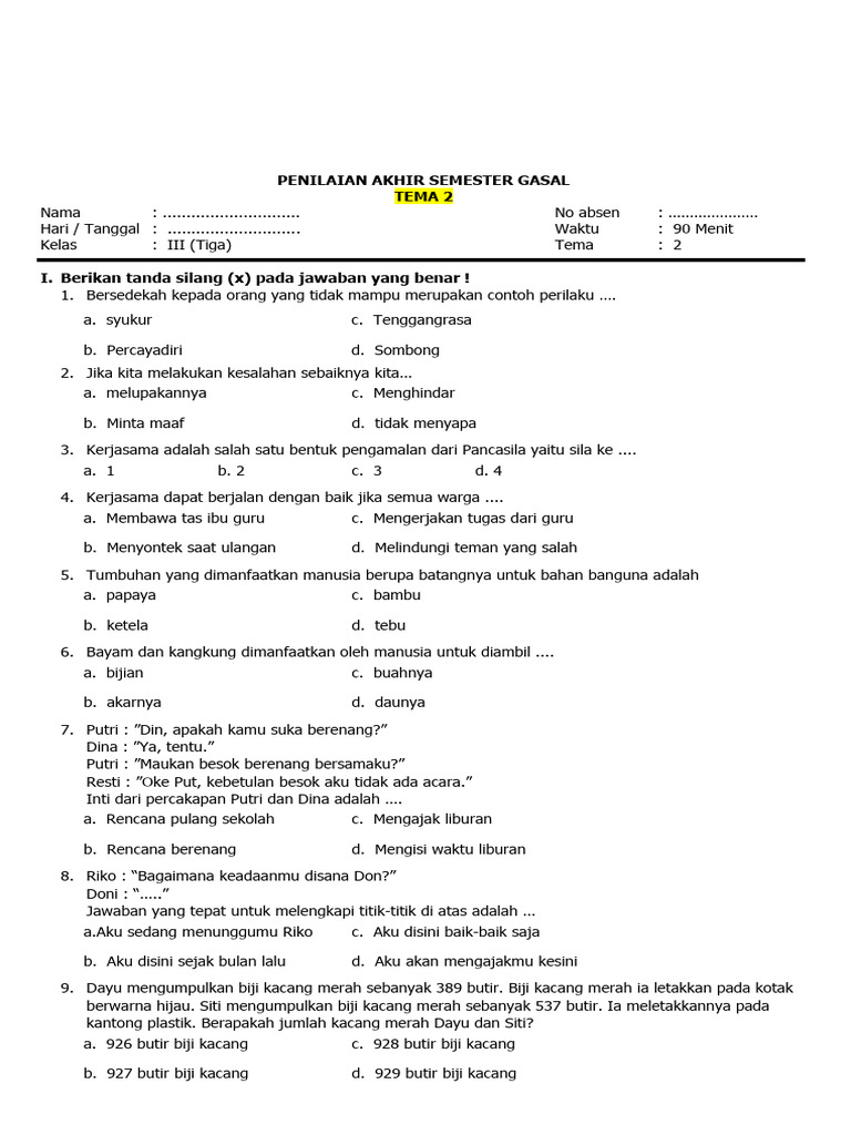 Soal PAS Kelas 3 Tema 2 - Kamimadrasah | PDF