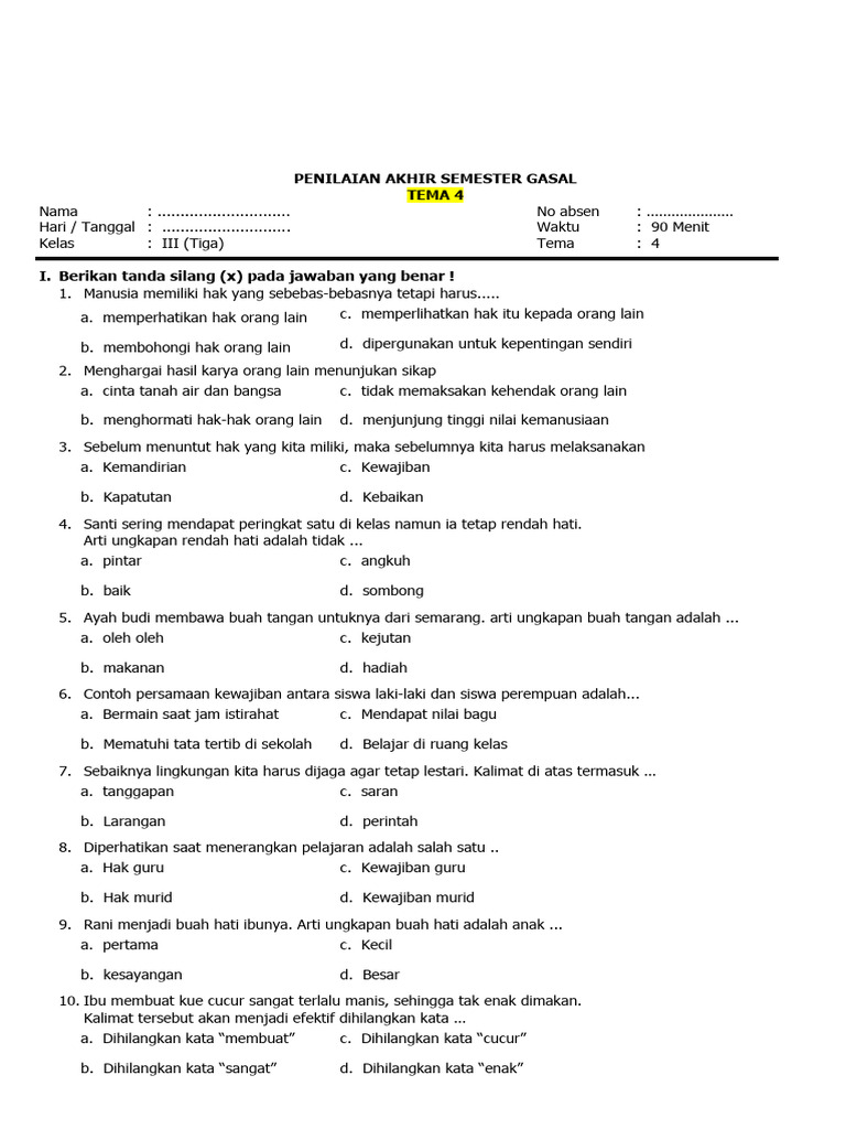 Soal PAS Kelas 3 Tema 4 - Kamimadrasah | PDF | Seni & Disiplin Bahasa | Griya & Taman