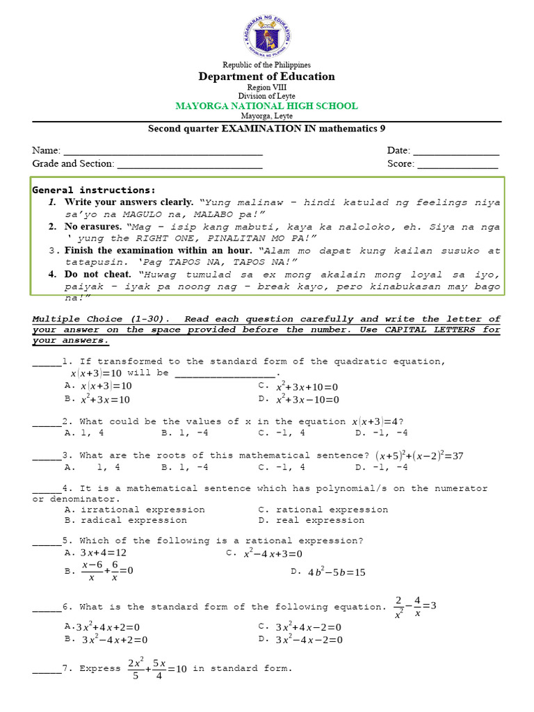 Math 9 2nd Quartr Exam | PDF | Length | Area