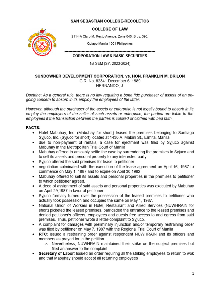 Sundowner Development Corporation v. Drilon | PDF | Lease | Injunction