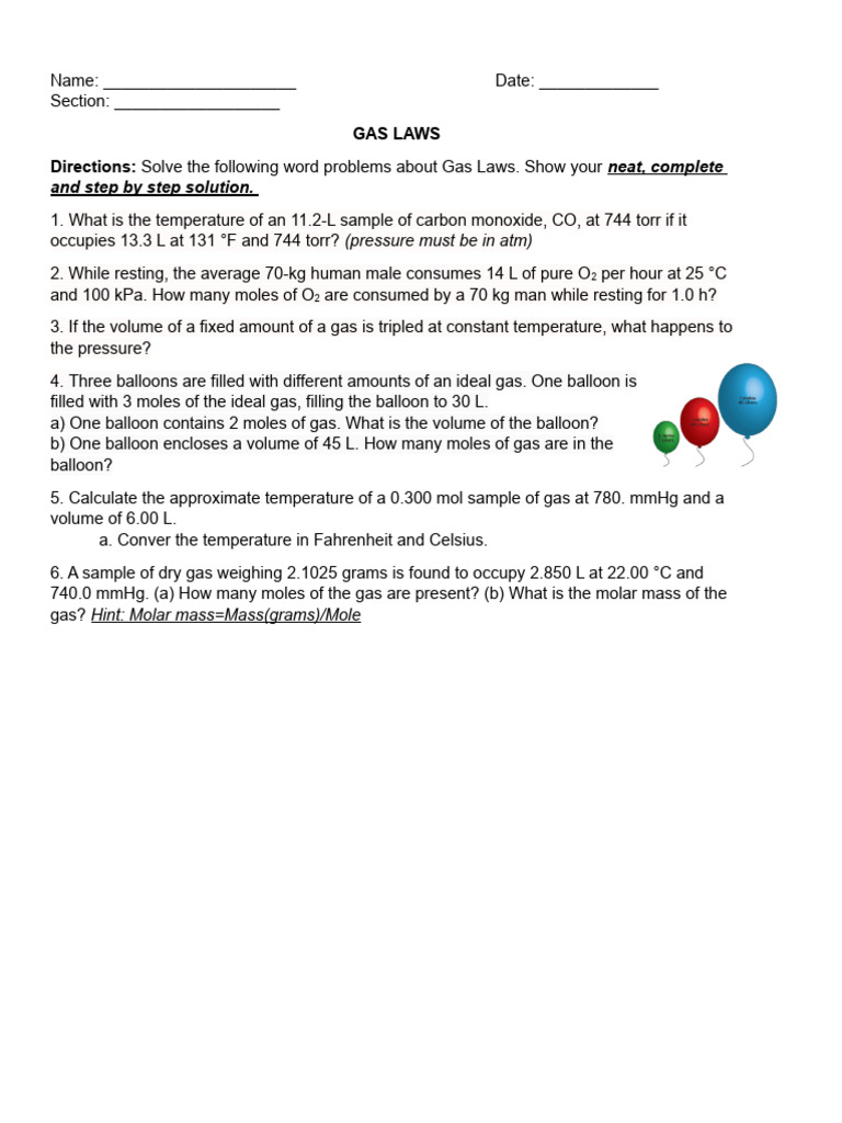 Gas Law Worksheet | PDF