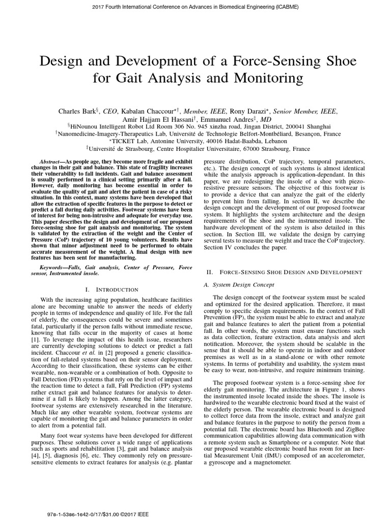 Design And Development Of A Force Sensing Shoe For Gait Analysis And Monitoring Pdf Wearable
