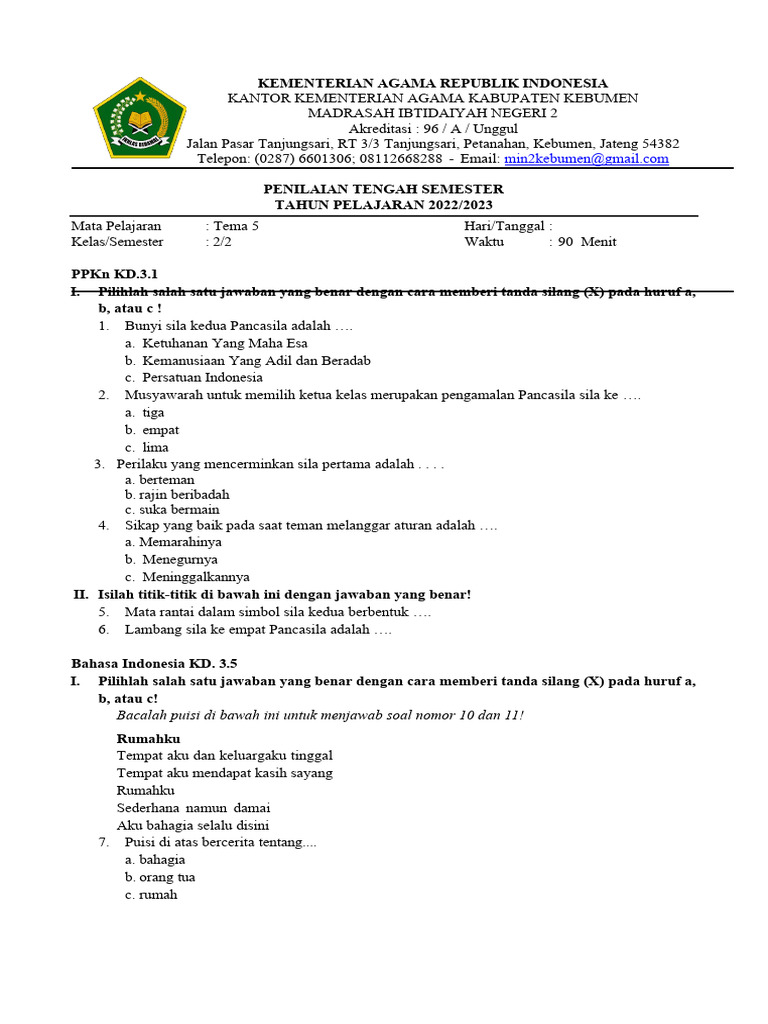 PTS Kelas 2 Tema 5 | PDF