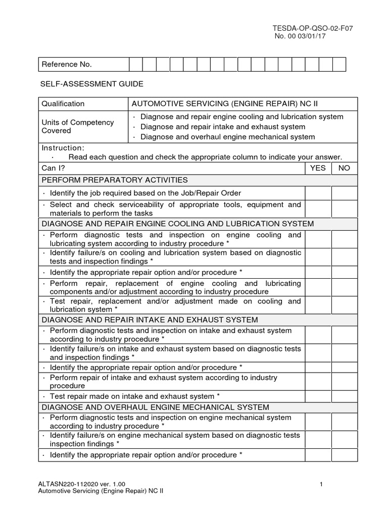 SAG - Automotive Servicing (Engine Repair) NC II | PDF | Safety | Engines