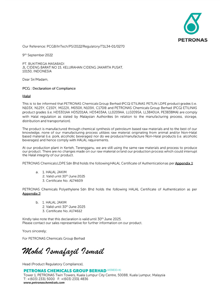 Halal Certificate Etilinas & Petlin (S.d. June 2025) - 1 | PDF