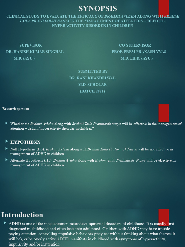 of Synopsis On ADHD | PDF | Attention Deficit Hyperactivity Disorder | Mental Disorder