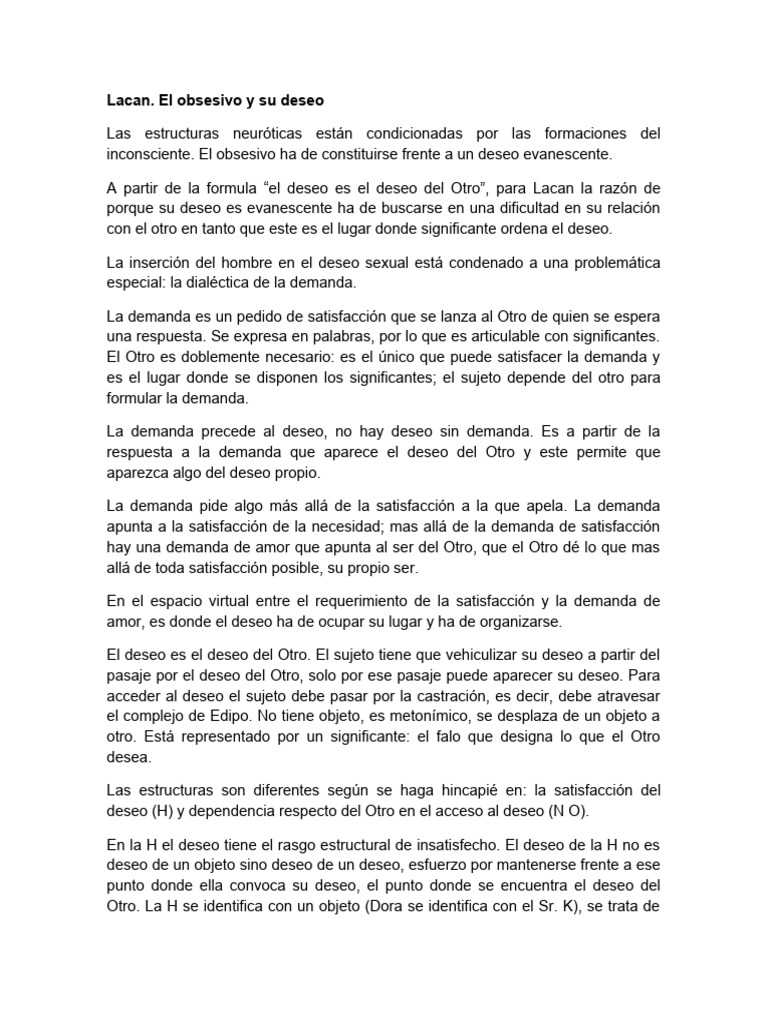Lacan: Deseo y Obsesión en la Neurose | PDF | Jacques Lacan | Amor