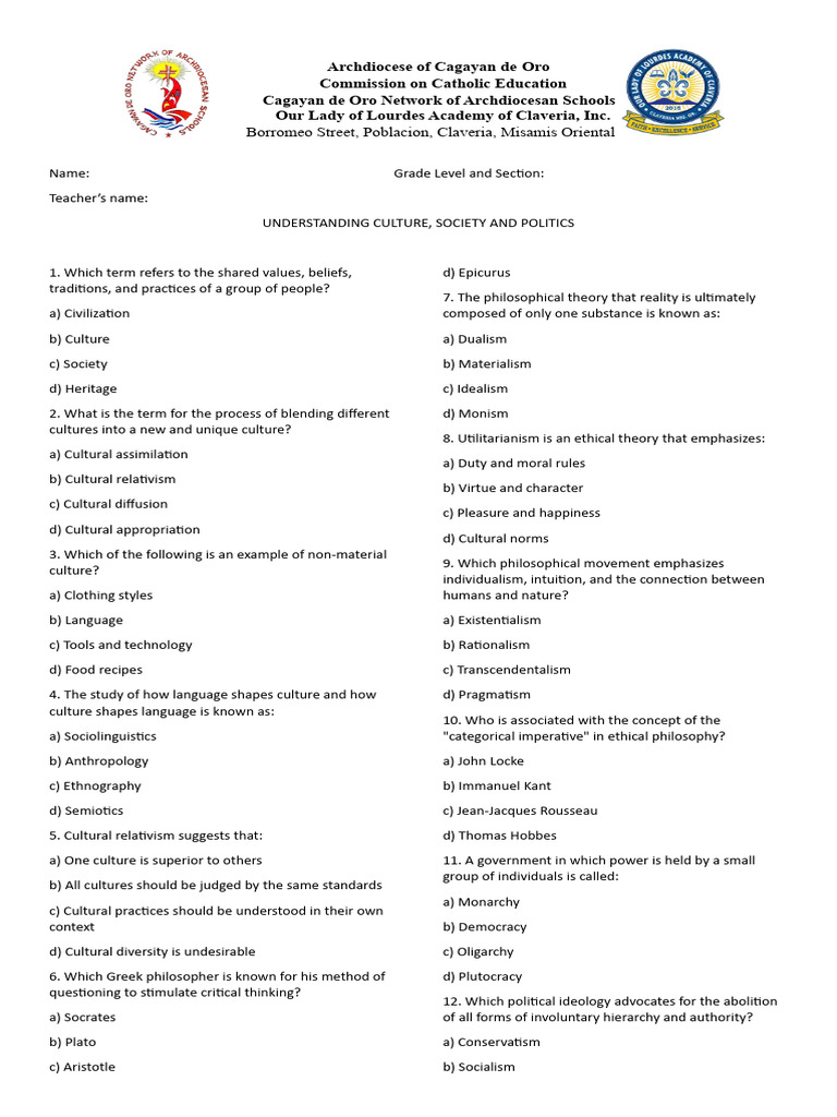 Diagnostic Test For Grade 12 | PDF | Morality | Relativism