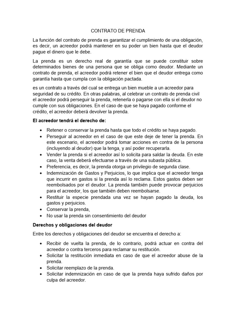 Contrato de Prenda: Derechos y Obligaciones | PDF | Crédito | Finanzas ...