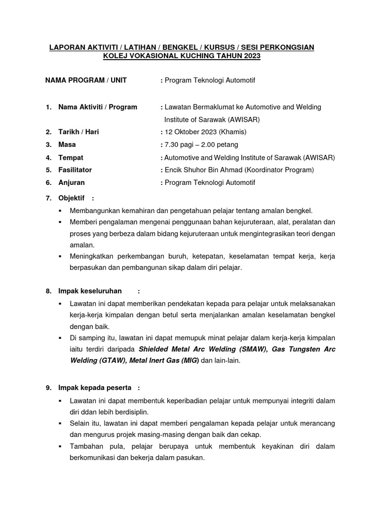 Lawatan ke AWISAR: Program Automotif 2023 | PDF | Teknologi & Rekayasa